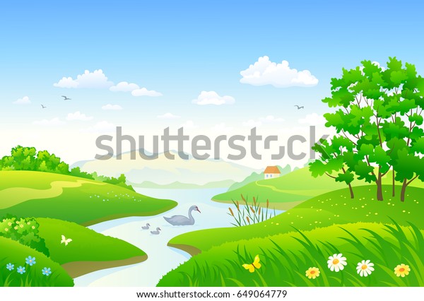 Vector Cartoon Illustration Beautiful River Scene Stock Vector (Royalty ...