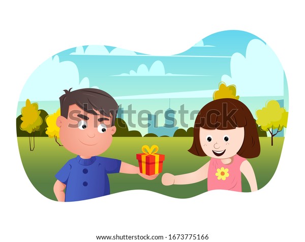 Vector Cartoon Illustration Boy Giving Gift Stock Vector (Royalty Free ...