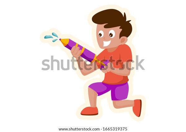 Vector Cartoon Illustration Boy Playing Pichkari Stock Vector (Royalty ...
