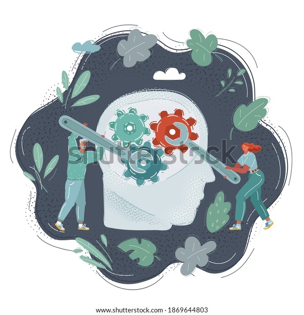 Vector cartoon illustration of Brain Gear Mechanic Mind. Man and woman ...