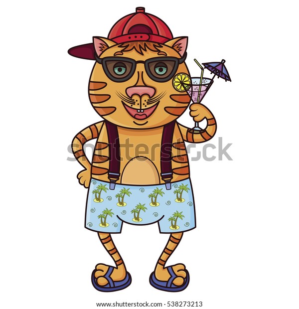 Vector Cartoon Illustration Cat On Vacation Stock Vector (Royalty Free ...