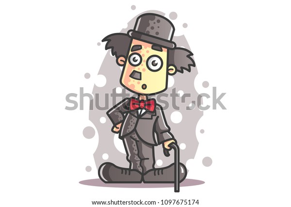 Vector cartoon illustration of Charlie Chaplin standing with walking stick.