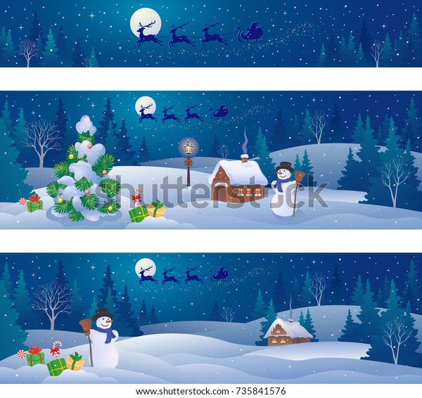 Vector Cartoon Illustration Christmas Night Landscapes Stock Vector ...