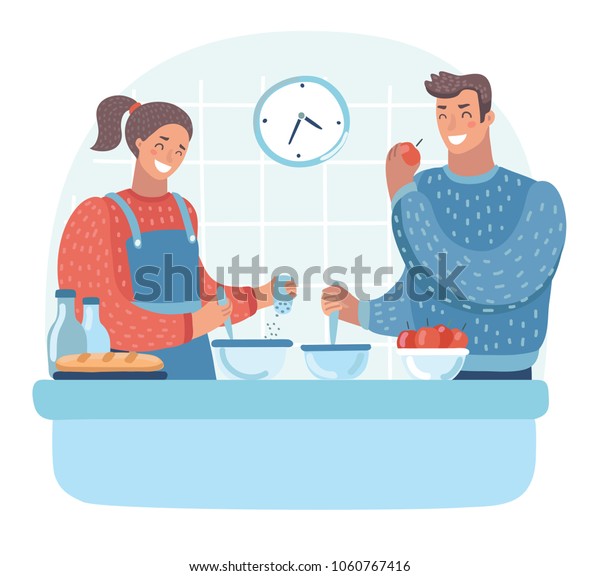 Vector cartoon illustration of couple in the kitchen. Man and woman ...