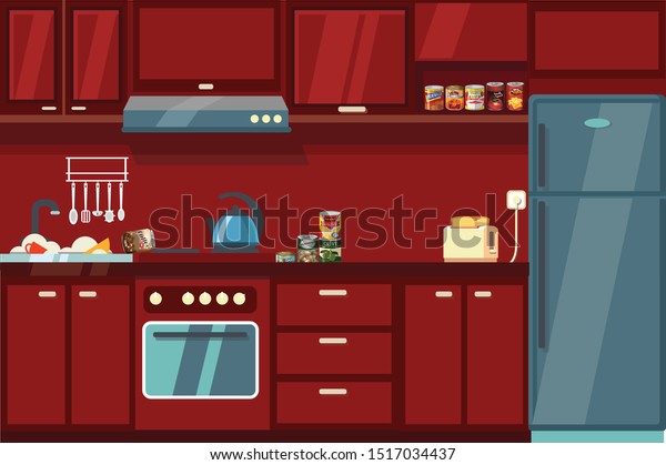 Vector Cartoon Illustration Cozy Modern Kitchen 스톡 벡터(로열티 프리 ...