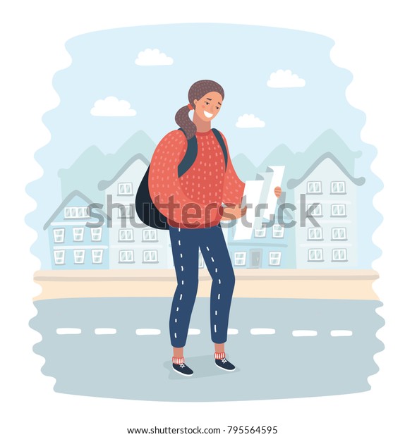 Vector Cartoon Illustration Girl Backpack Stand Stock Vector (Royalty ...