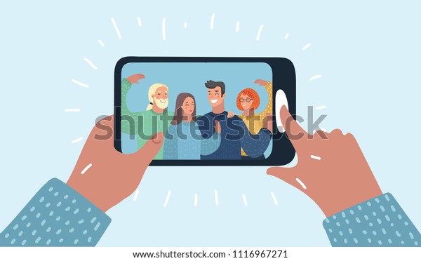 Vector Cartoon Illustration Hands Holding Smartphone Stock Vector ...