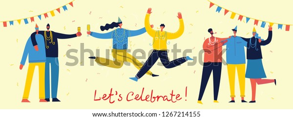 Vektor Stok Vector Cartoon Illustration Happy Group People (Tanpa ...