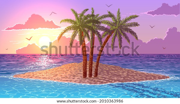 Vector Cartoon Illustration Island Ocean Three Stock Vector (Royalty ...