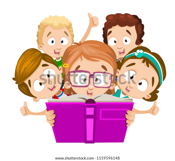 Vector Cartoon Illustration Kids Reading Interesting: vector de stock ...