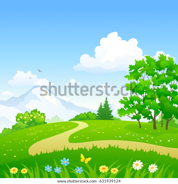 Vector cartoon illustration of a pathway in a green spring forest ...
