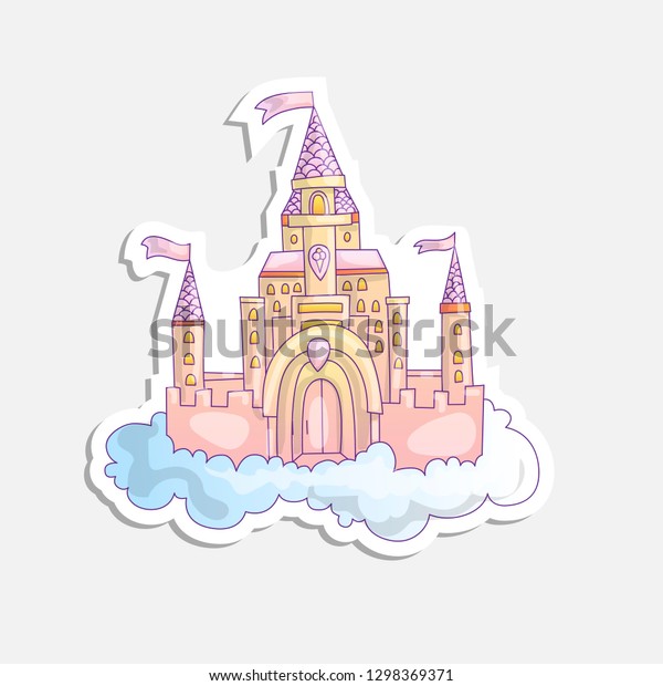 vector cartoon illustration of pink princess magic castle in clouds ...