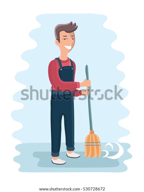 Vector Cartoon Illustration Smiling Janitor Sweeping Stock Vector ...