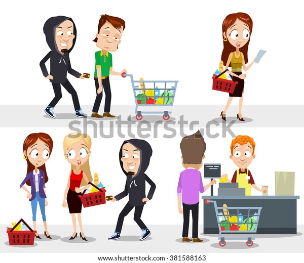 Vector Cartoon Illustration Thief Stealing Wallets Stock Vector