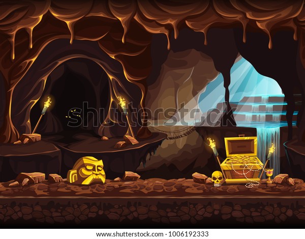 Vector Cartoon Illustration Treasure Cave Waterfall Stock Vector ...