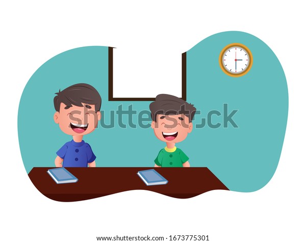 Vector Cartoon Illustration Two Happy Boy Stock Vector (Royalty Free ...