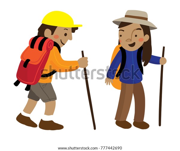 Vector Cartoon Illustration Two Hikers Sticks Stock Vector (Royalty ...
