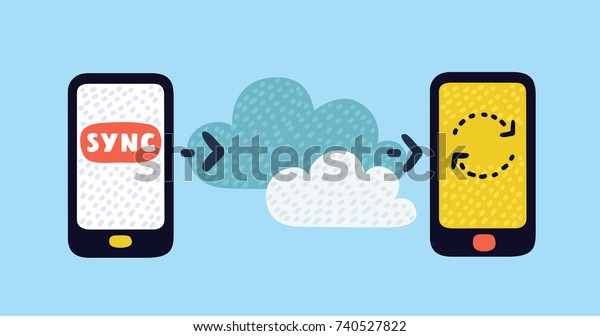 Vector Cartoon Illustration Two Smartphones Synchronization Stock ...