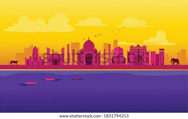 Vector Cartoon Illustration Uttar Pradesh Skyline Stock Vector (Royalty ...