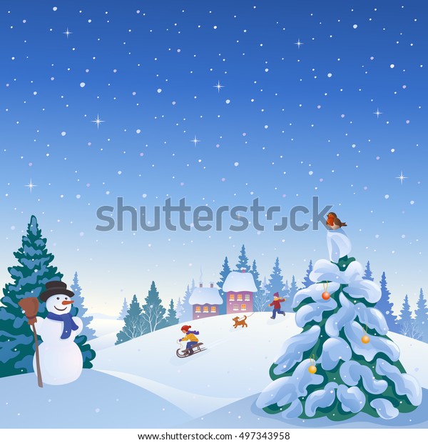 Vector Cartoon Illustration Winter Snowy Village Stock Vector (Royalty ...