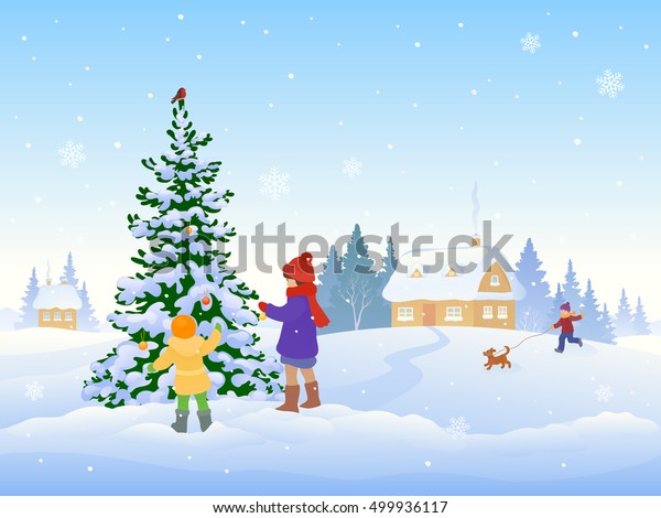 Vector Cartoon Illustration Winter Snowy Scene Stock Vector (Royalty ...