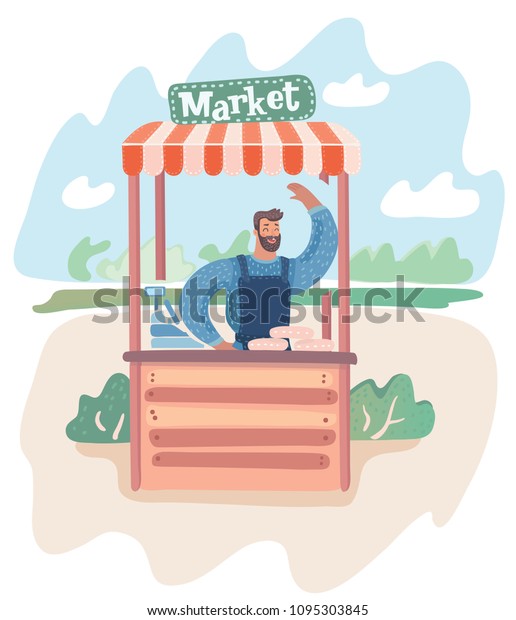 Vector cartoon illustration of young man standing at market stall ...