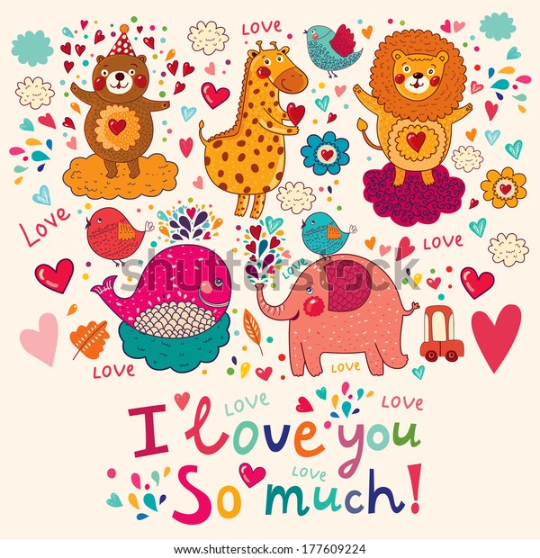 Vector Cartoon Love Card Favorite Animals Stock Vector (Royalty Free ...