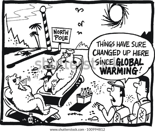 Vector cartoon of polar bears at North Pole experiencing global warming