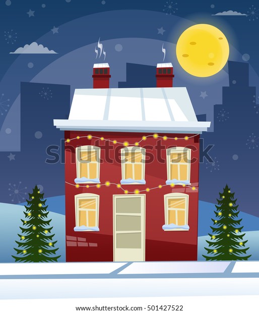 Vector Cartoon Retro Christmas Night Illustration Stock Vector (Royalty ...