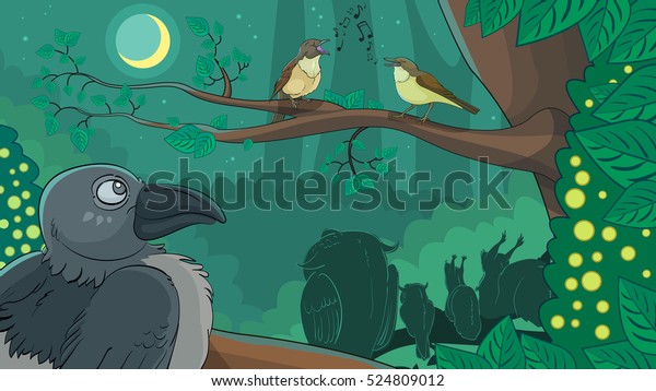 Vector Cartoon Scene Birds Night Forest Stock Vector (Royalty Free ...