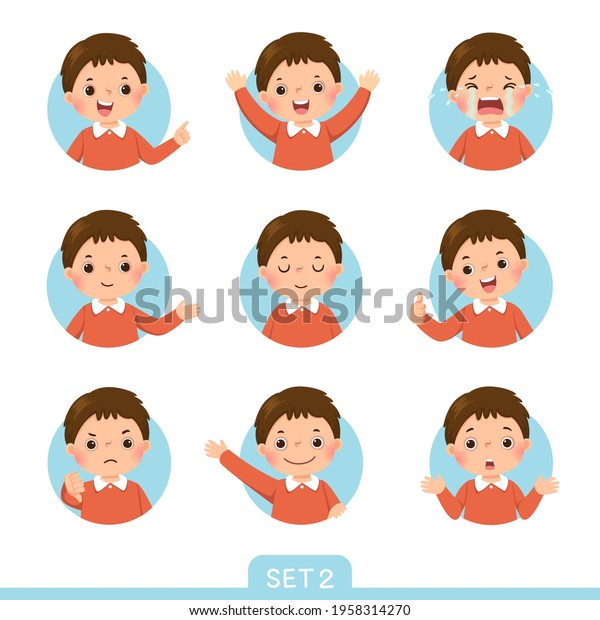 Vector cartoon set of a little boy in different postures with various ...