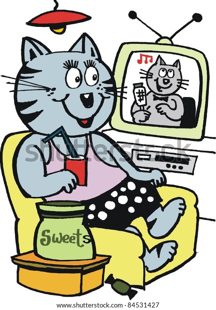Vector Cartoon Smiling Cat Watching Television Stock Vector (Royalty ...