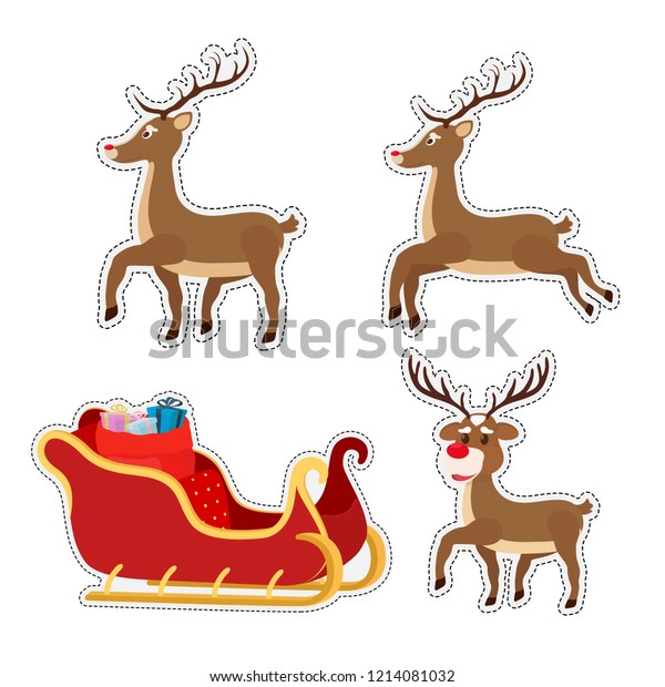Vector Cartoon Stickers Sleigh Reindeers Sled Stock Vector (Royalty ...