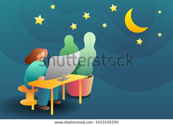 Vector Cartoon Style Women Working Night Stock Vector (Royalty Free ...