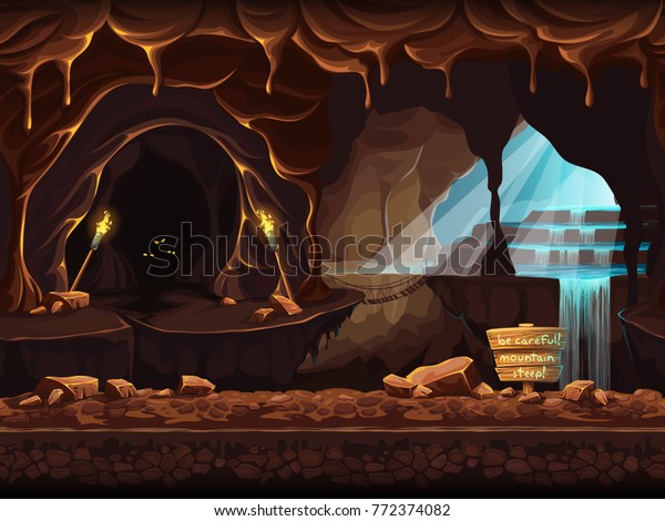 Vector Cartoonillustration Magical Waterfall Grotto Background Stock ...