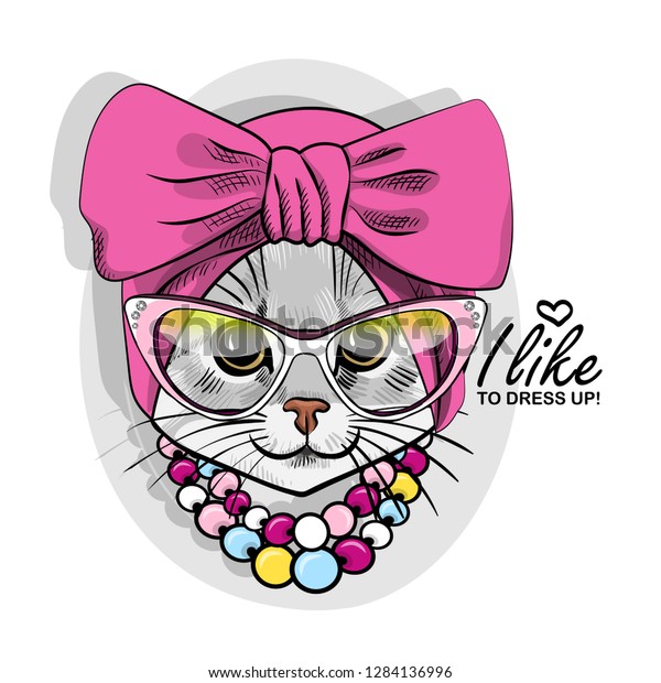 Vector cat with glasses, pink headscarf and necklace.. Hand drawn ...