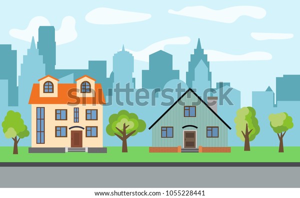 Vector City Two Twostory Cartoon Houses Stock Vector (Royalty Free ...