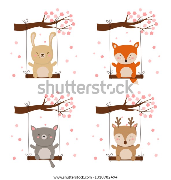 Vector collection of cartoon cute animals on swing. Perfect for baby ...