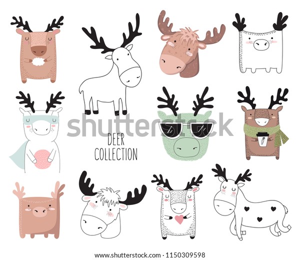 Vector Collection Cute Doodle Deer Adorable: เวกเตอร์สต็อก (ปลอดค่า ...