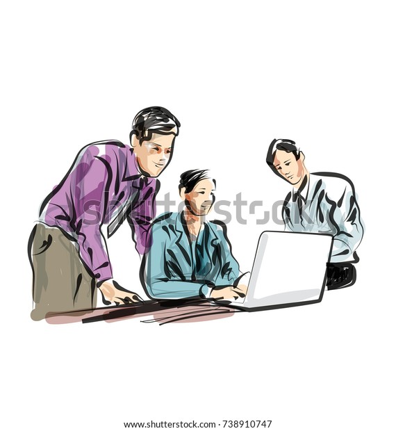 Vector Color Line Sketch People Working Stock Vector (Royalty Free ...