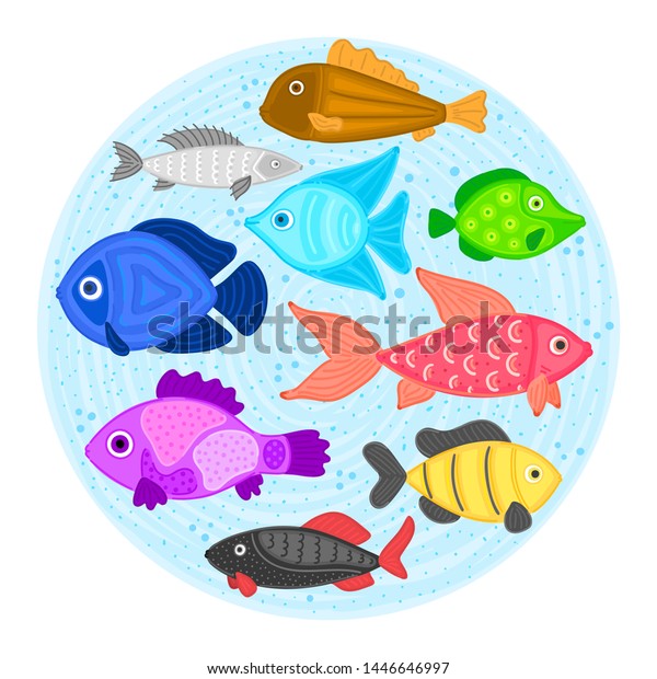 Vector colorful cartoon fish in circular shape. Undersea world ...