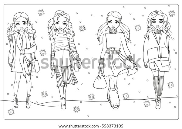 Vector Coloring Book Girls Winter Clothes Stock Vector (Royalty Free ...