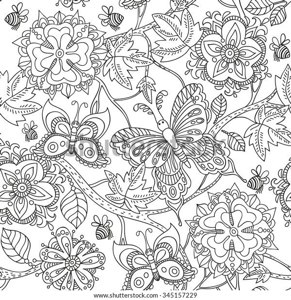 Vector Coloring Template Flowers Butterflies Hand Stock Vector (Royalty ...