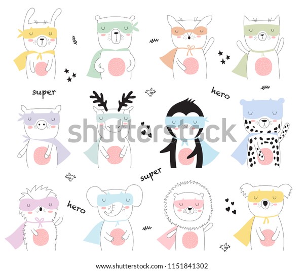 Vector Coolection Line Drawing Superhero Animals Stock Vector (Royalty ...