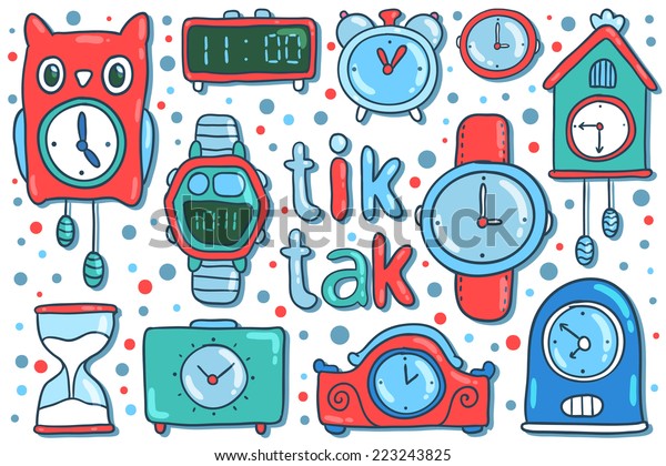 Vector Cute Cartoon Clocks Watches Illustration Stock Vector (Royalty ...