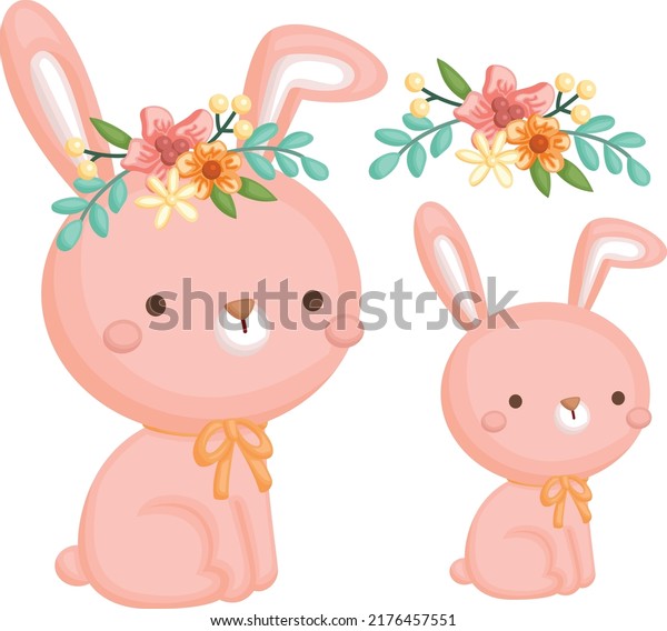 Vector Cute Rabbit Flower Wreath Stock Vector (Royalty Free) 2176457551 ...