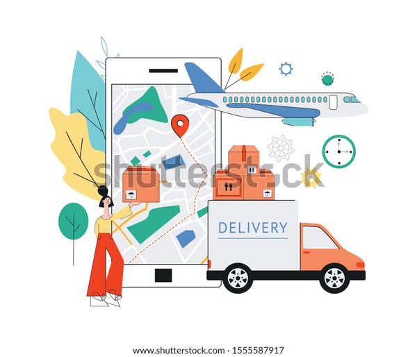 Vector Delivery Tracking Poster Woman Holding Stock Vector (Royalty ...