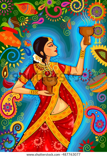 Vector Design Indian Woman Doing Dhunuchi Stock Vector (Royalty Free ...