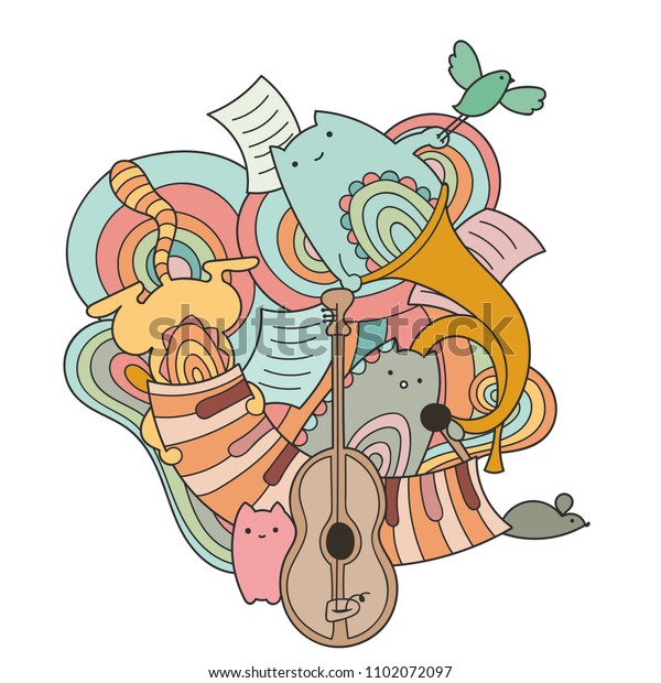 Vector Doodle Art Cute Cats Musical 库存矢量图（免版税）1102072097
