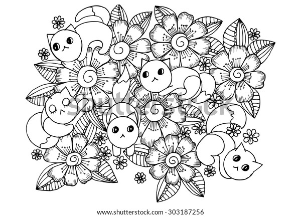 Vector Doodle Cats Flowers One Color Stock Vector (Royalty Free ...